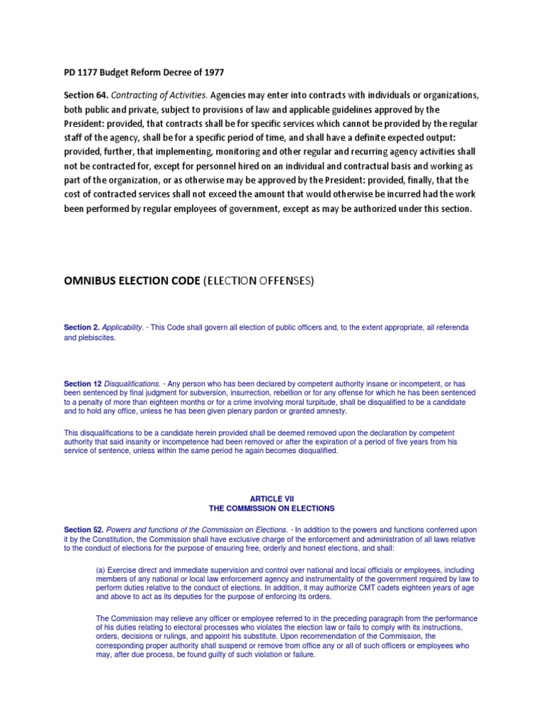PD 1177 and Omnibus Election Code | Elections | Voting