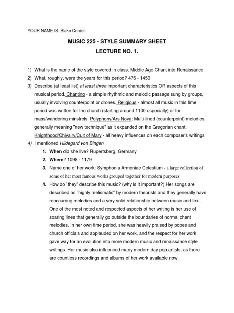 Music 225 - Style Summary Sheet Lecture No. 1.: at Least Three | PDF ...