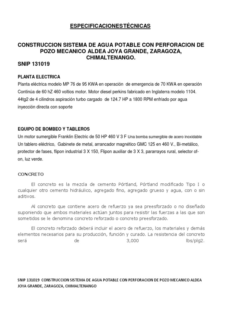 (241530999) Especificaciones T Cnicas Pozo Mecanico Joya Grand | PDF | Hormigón | Cemento