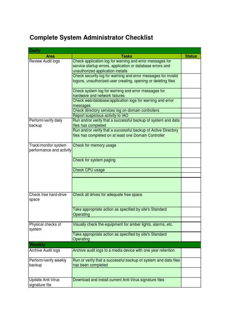 Complete System Administrator Checklist | PDF | Backup | Computer File