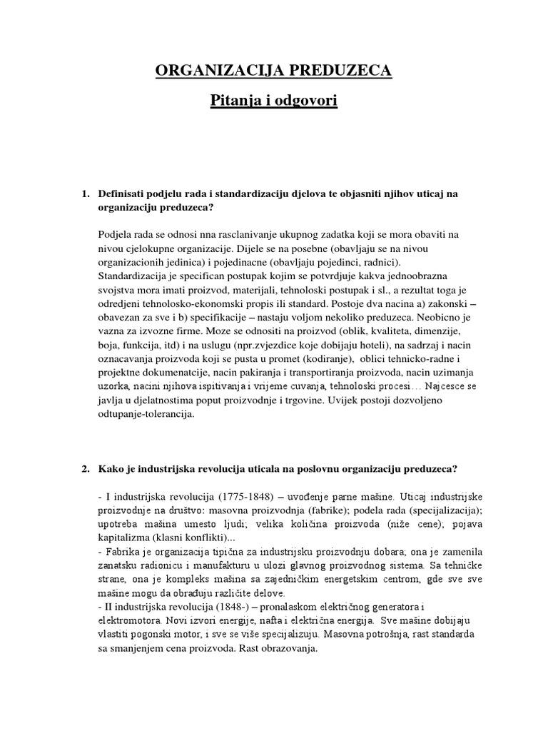 Organizacija Preduzeca-Pitanja I Odgovori | PDF