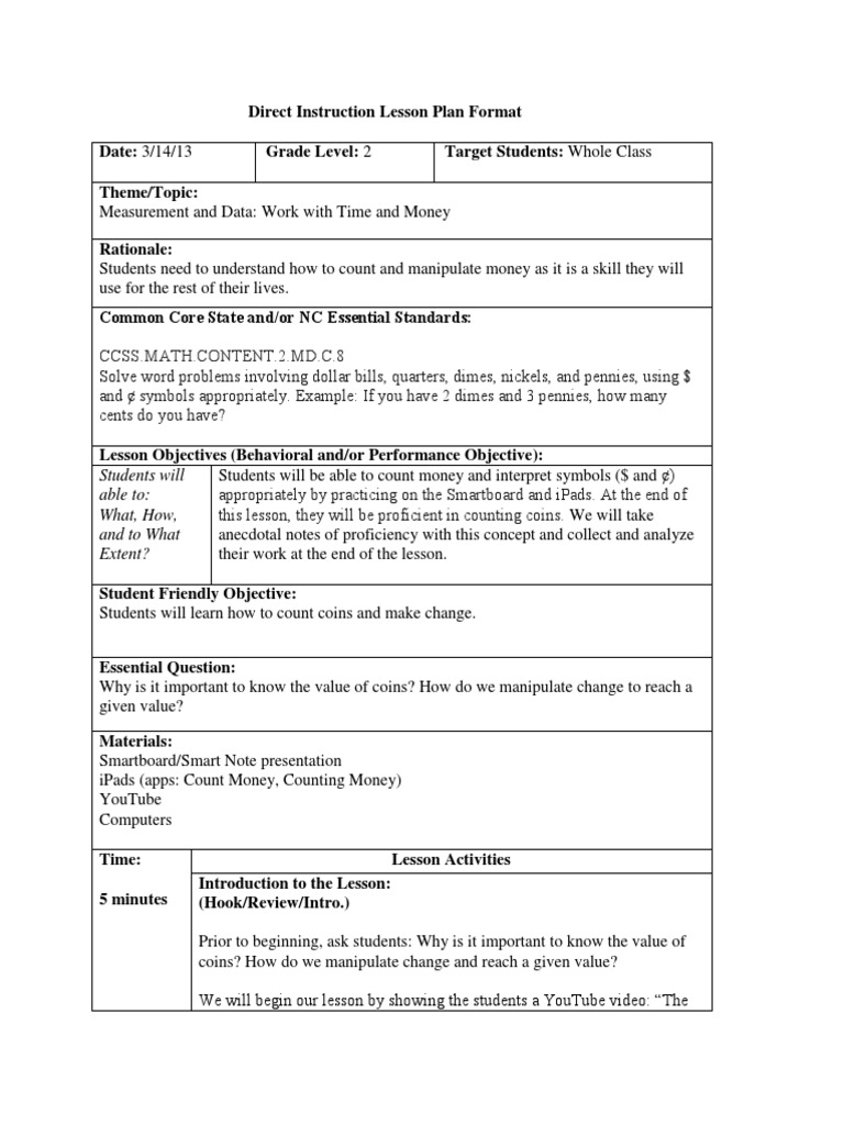 Counting Money Lesson Plan | PDF | United States Dollar | Learning Styles