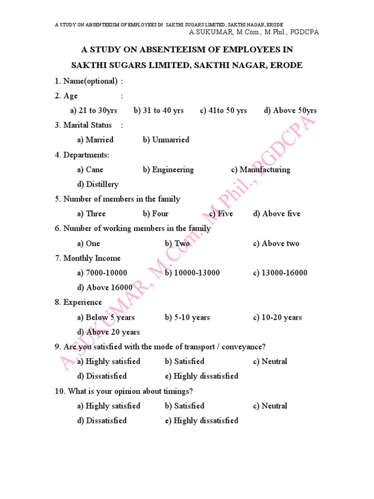 A Study On Absenteeism of Employees in Sakthi Sugars Limited, Sakthi ...