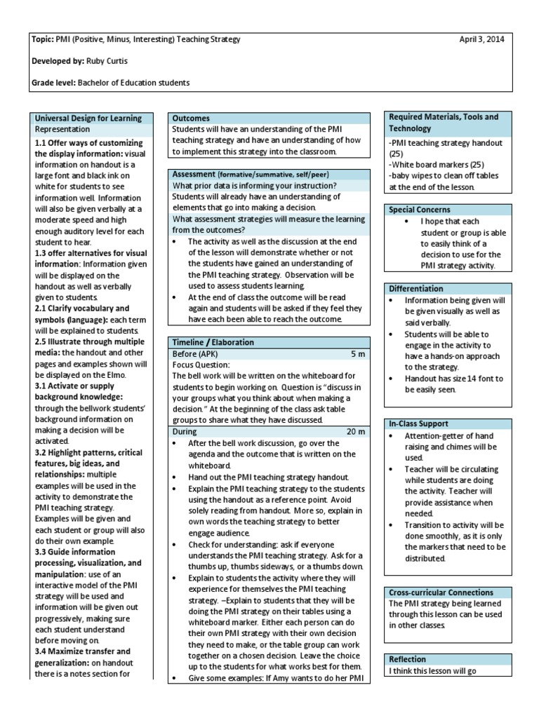 Pmi Lesson Plan | PDF | Information | Strategic Management