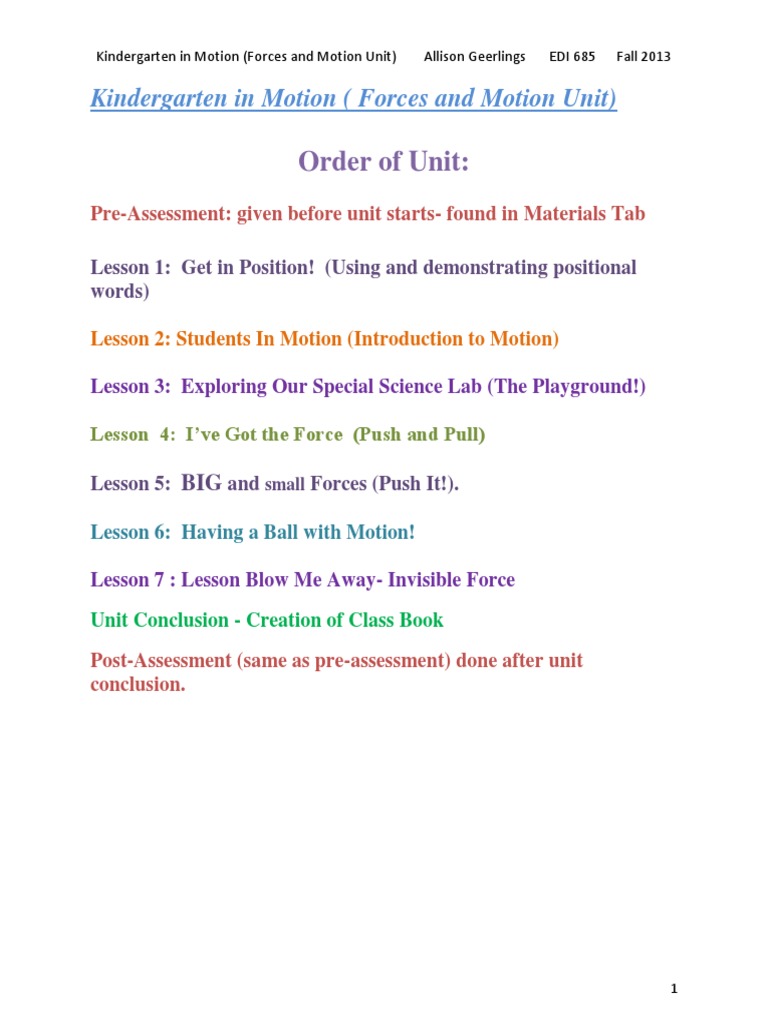 Kindergarten Forces and Motion Unit | PDF | Educational Assessment | Weight