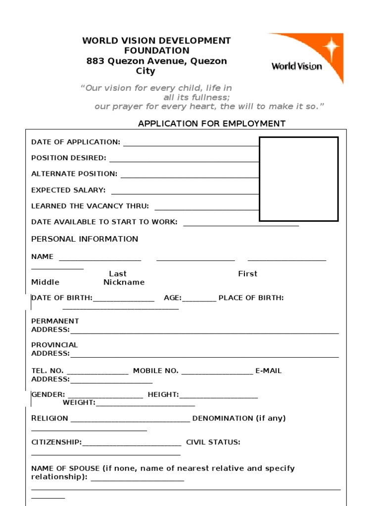 Application Form | World Vision International | Non Governmental ...