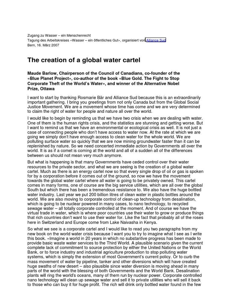 The Creation of A Global Water Cartel | PDF | Water Resources | Human ...