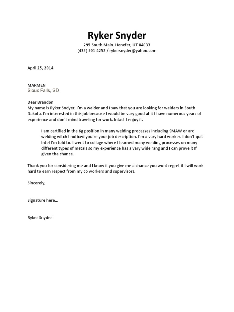 Welder Job Application by Ryker Snyder | PDF | Career & Growth | Sports ...