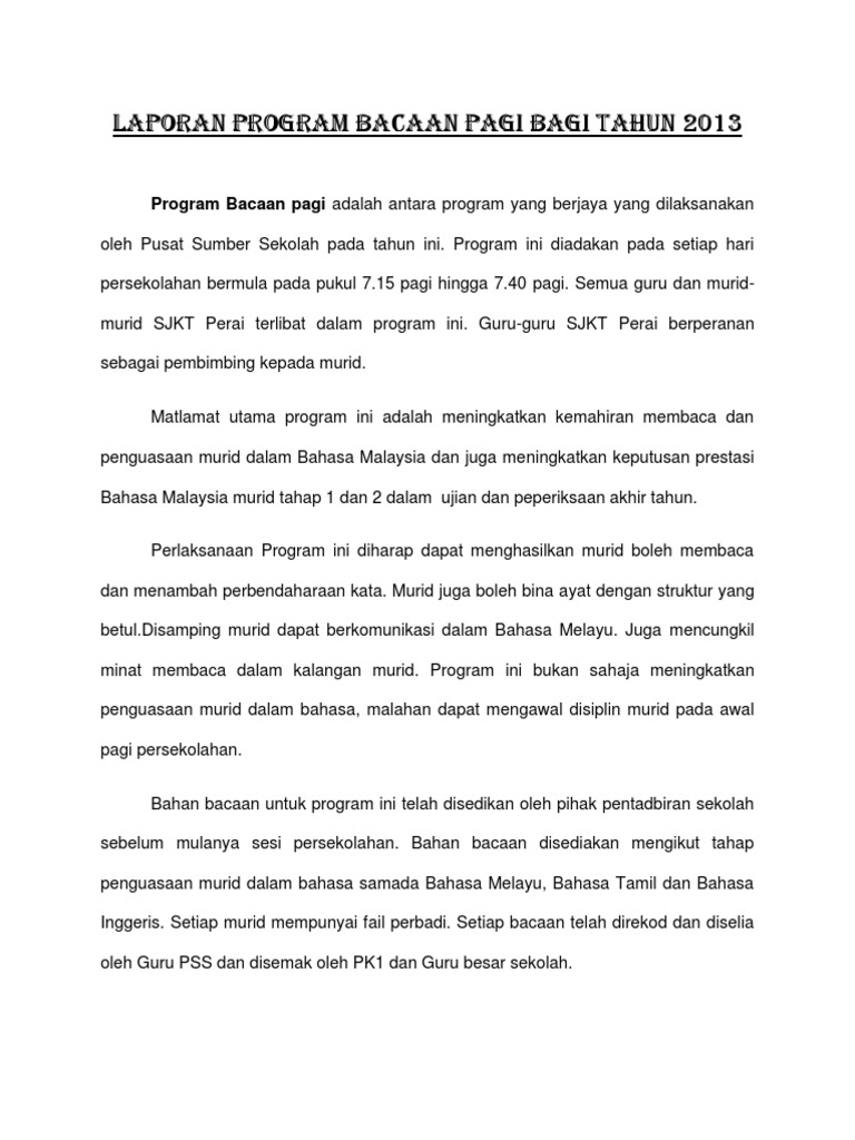 Laporan Program Bacaan Pagi Bagi Tahun 2013 Pdf