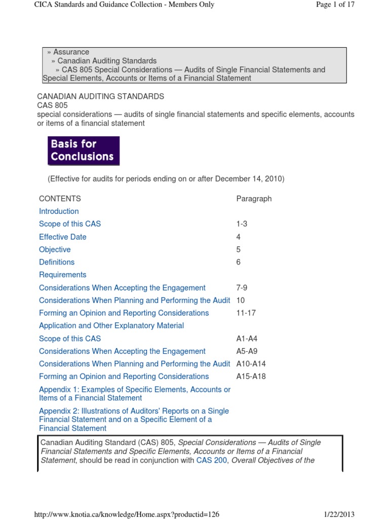 CAS 805 Single Financial Statements | PDF | Financial Audit | Auditor's ...