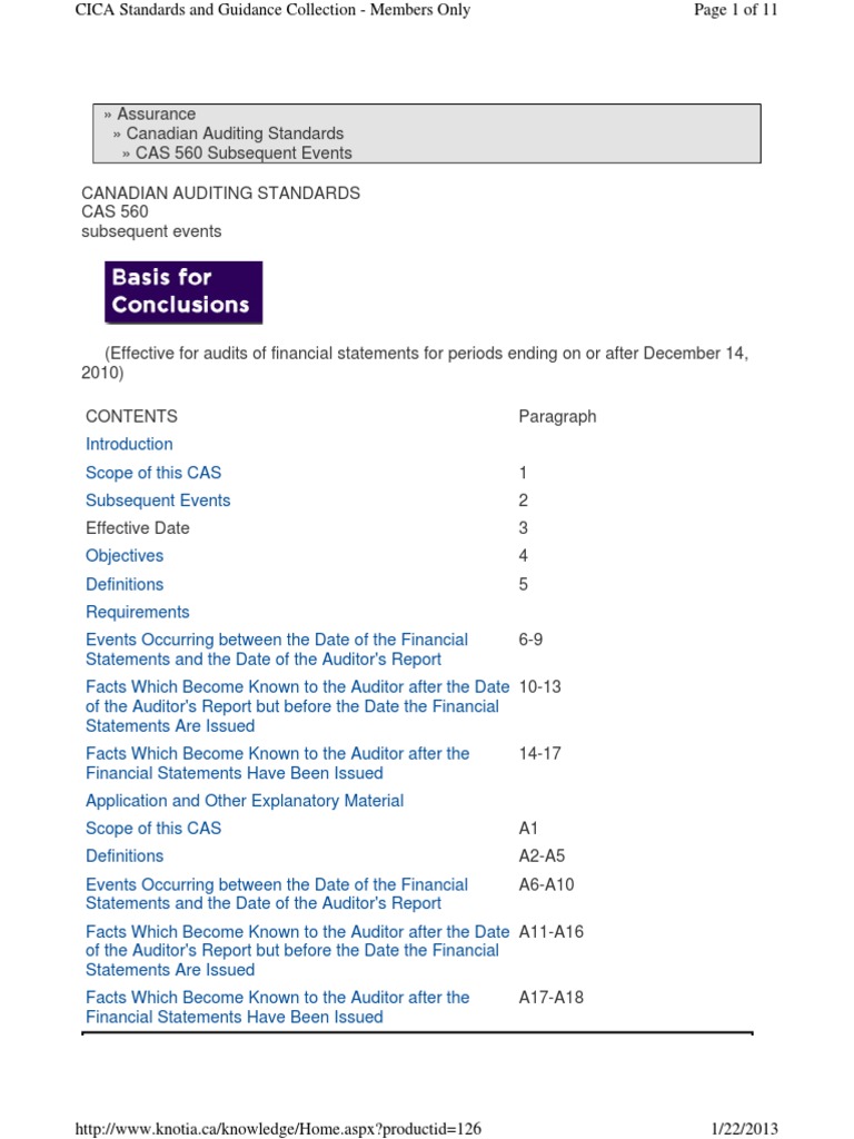 CAS 560 Subsequent Events | PDF | Auditor's Report | Financial Audit