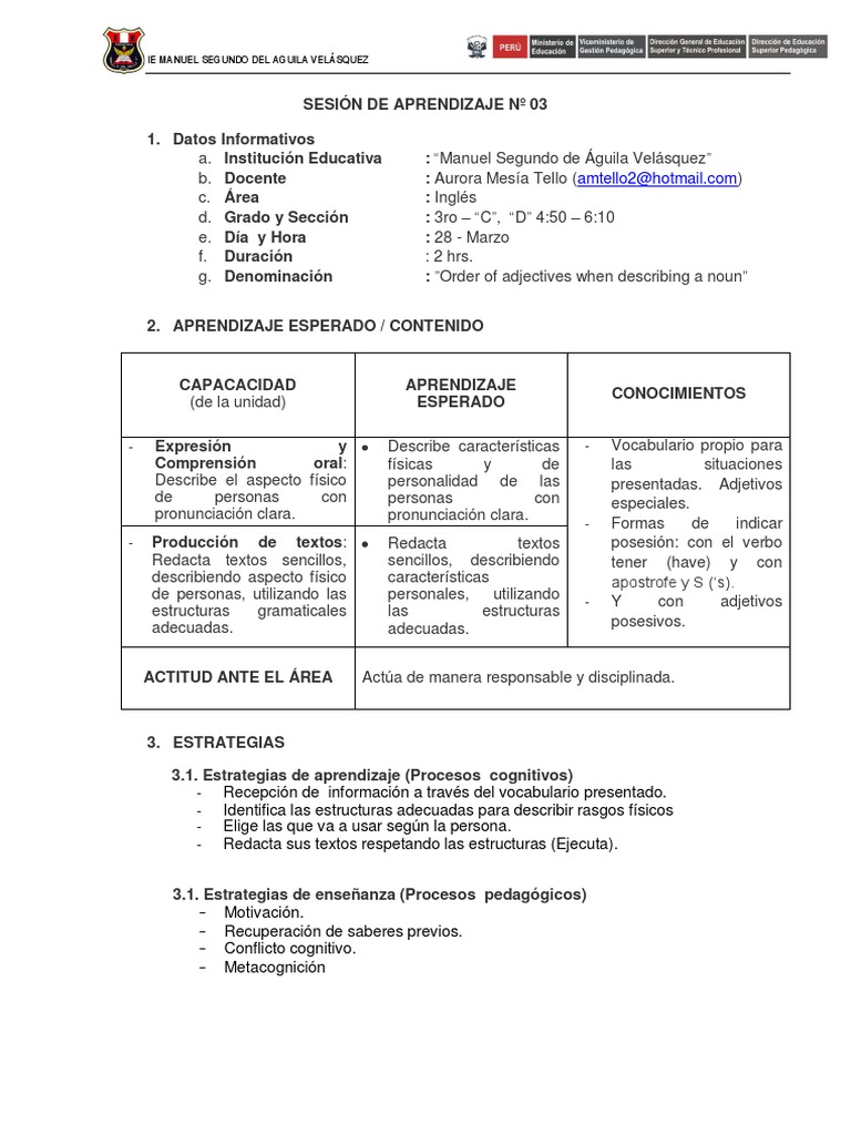 Sesion de Aprendizaje Adjetivos Ingles | PDF | Aprendizaje | Comunicación