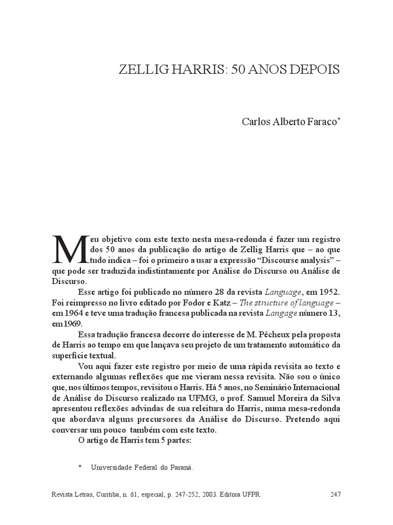 FARACO, Carlos Alberto. Zellig Harris - 50 Anos Depois | PDF ...