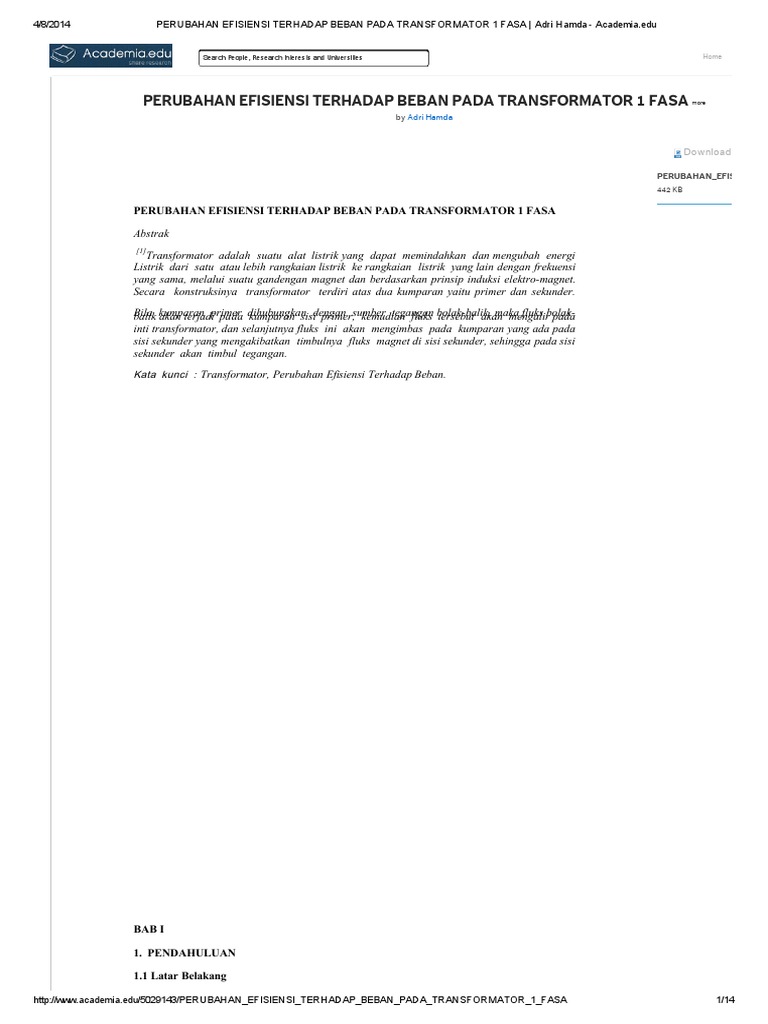 Perubahan Efisiensi Terhadap Beban Pada Transformator 1 Fasa - Adri Hamda - Academia | PDF ...