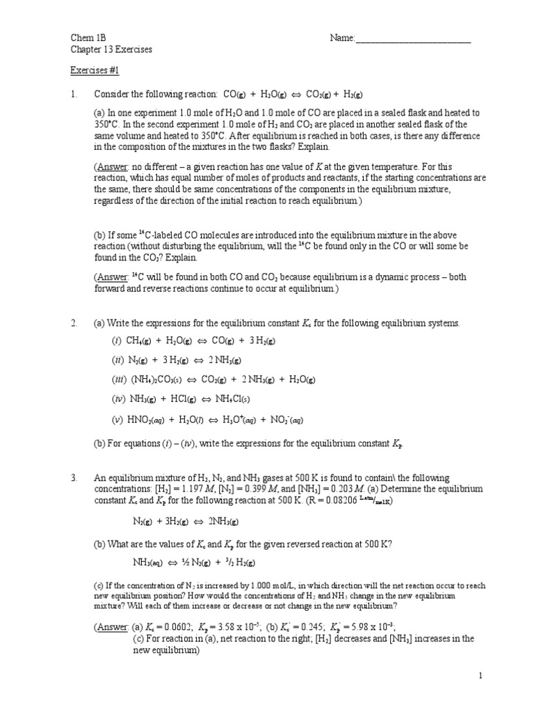 Chapter 13 Exercises With Answer | PDF | Chemical Equilibrium ...