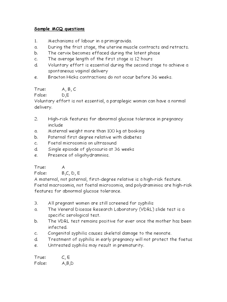 Sample Obs and Gynae MCQs | PDF | Childbirth | Preterm Birth