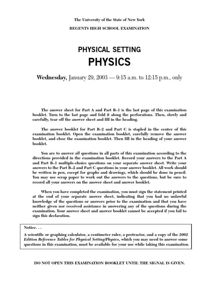 Physics Regents Examination: Forces, Motion, Energy, and Waves | PDF ...