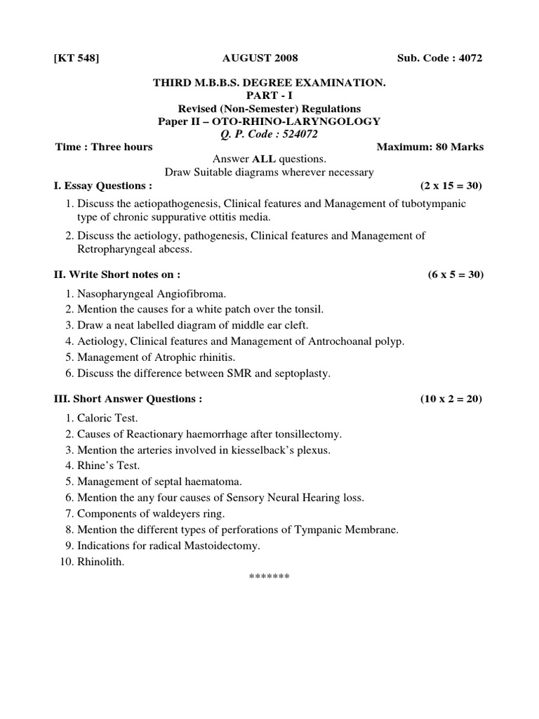 ENT Question Paper | PDF | Otorhinolaryngology | Medical Specialties