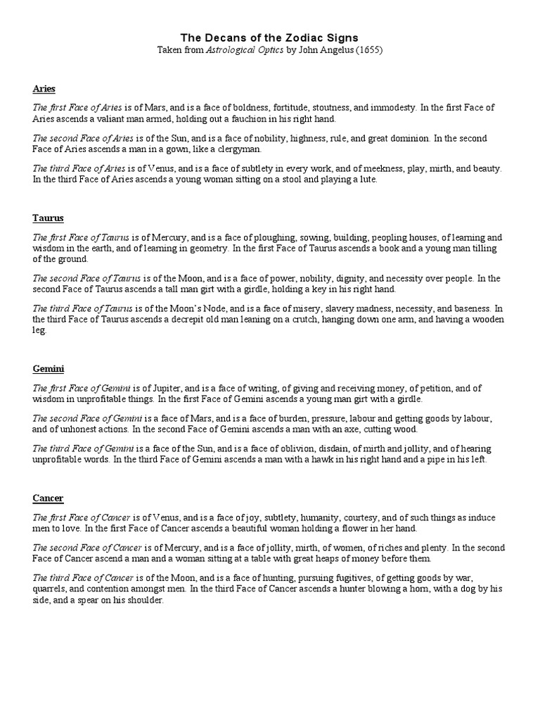 The Decans of The Zodiac Signs | Download Free PDF | Astrological Sign ...