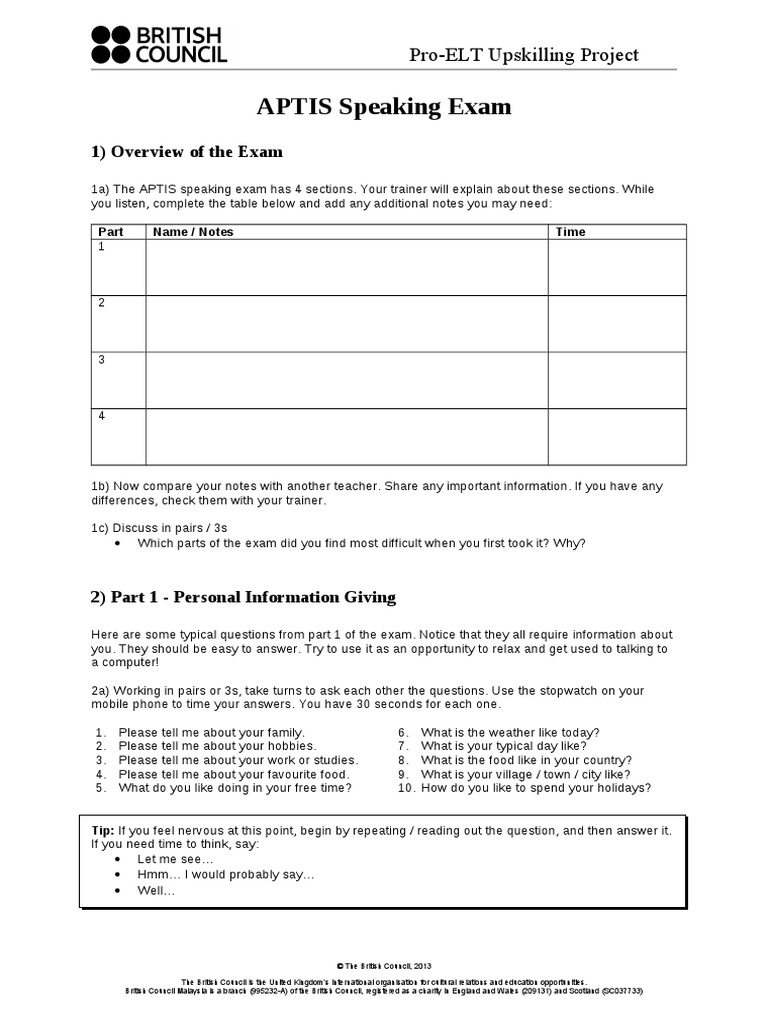 APTIS Speaking Exam - Overview Analysis and Practice Booklet | PDF