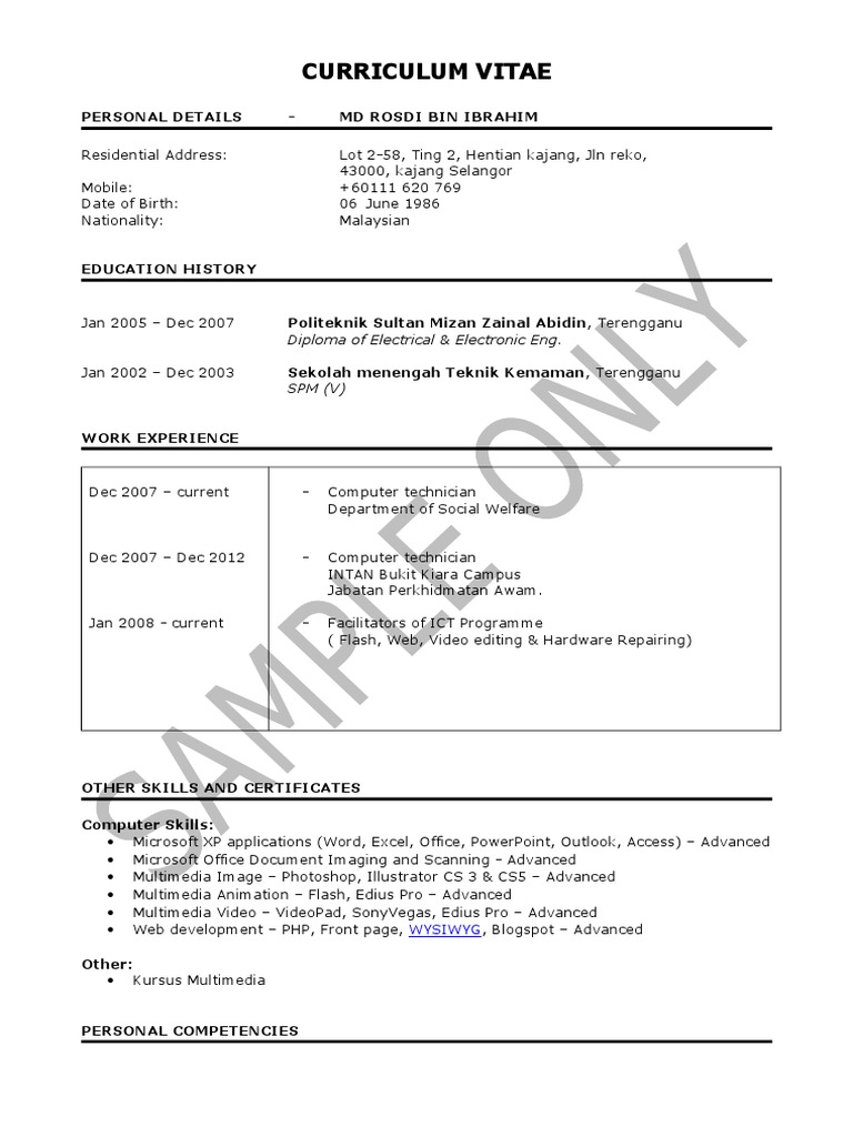 Curriculum Vitae: Personal Details - MD Rosdi Bin Ibrahim | PDF