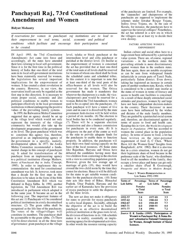 Panchayati Raj 73rd Constitutional Amendment and Women | PDF | Society ...