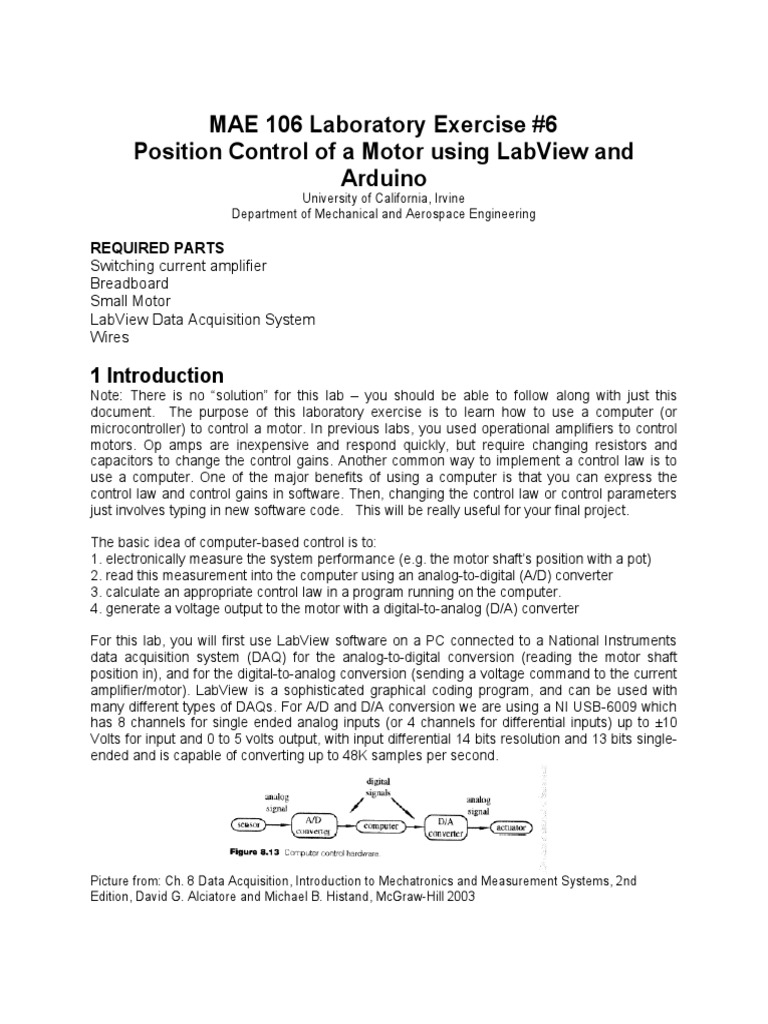 Mae 106 Laboratory Exercise #6 Position Control of A Motor Using ...