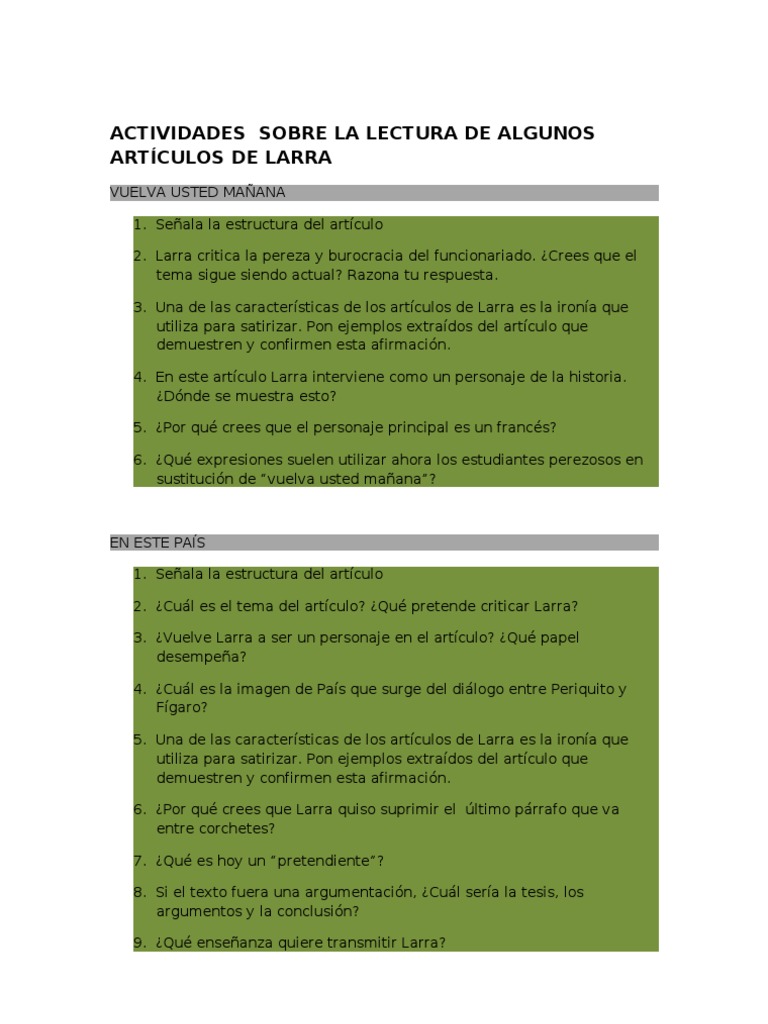 Actividades Sobre La Lectura de Algunos Artículos de Larra | PDF