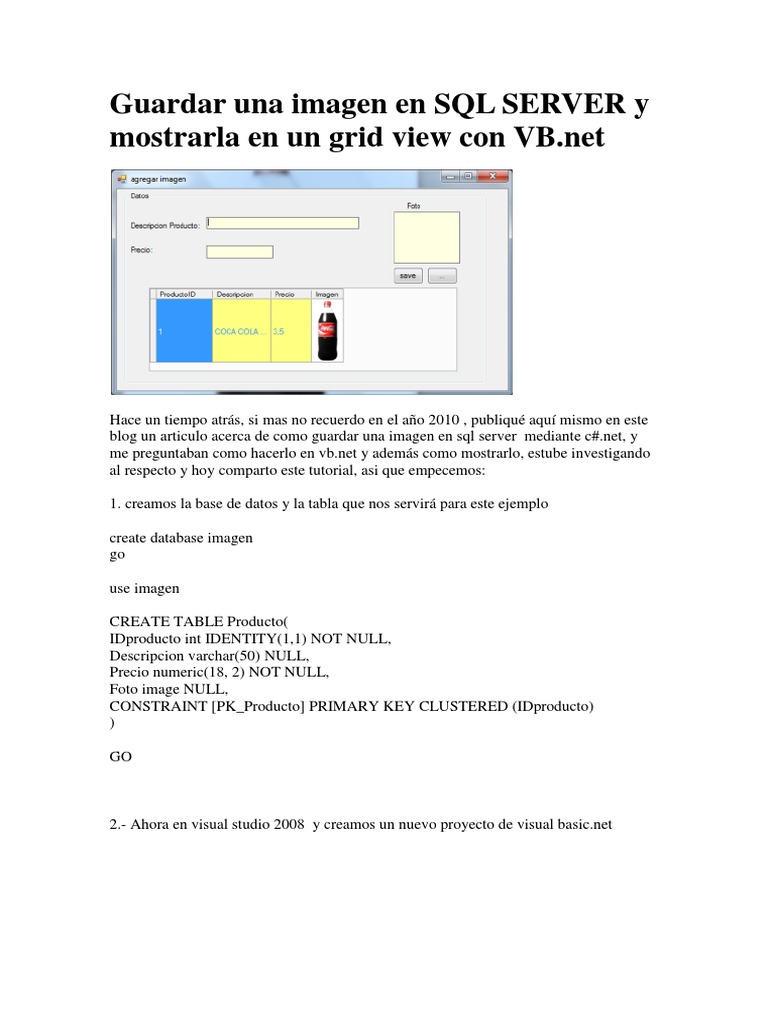 Guardar Una Imagen en SQL SERVER y Mostrarla en Un Grid View Con | Descargar gratis PDF ...