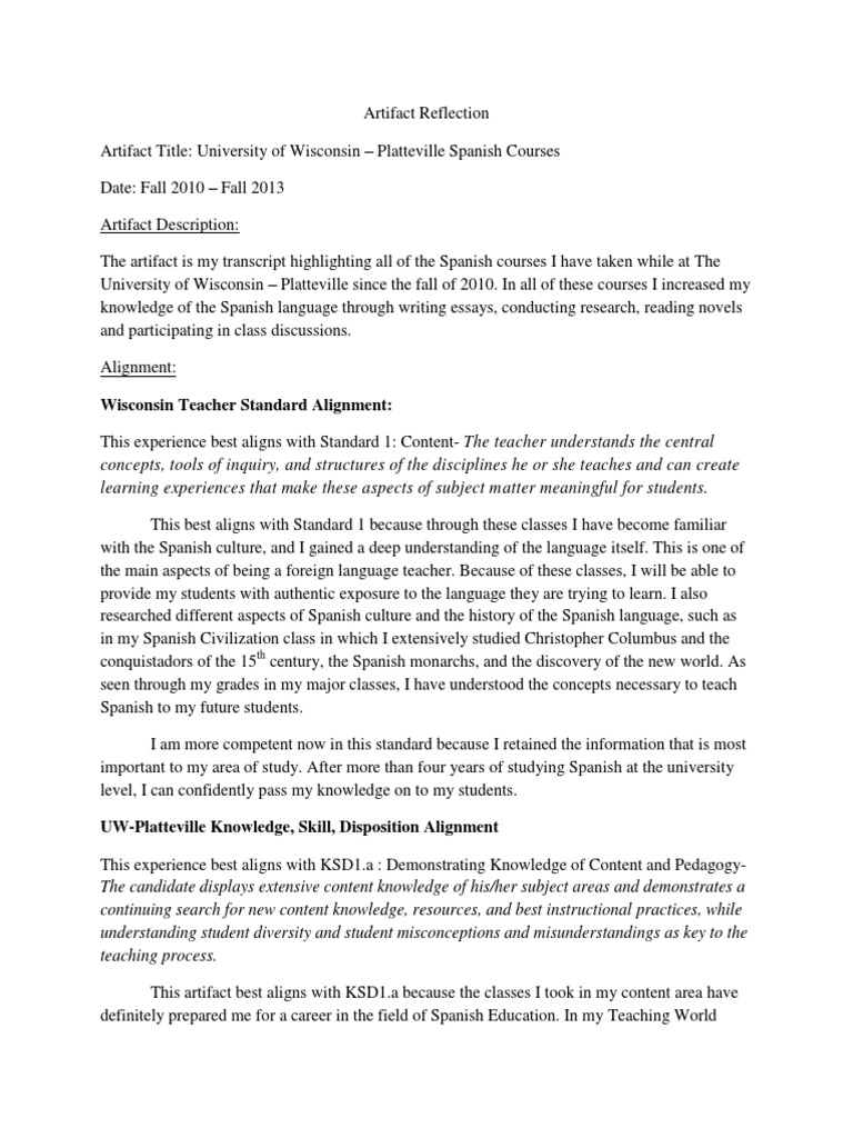 standard 1 artifact reflection | Foreign Language | Teachers