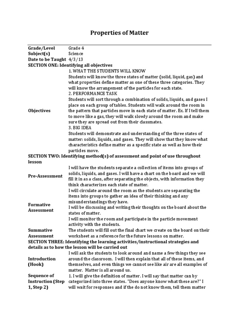 Properties of Matter Lesson Plan | PDF | Matter | Gases