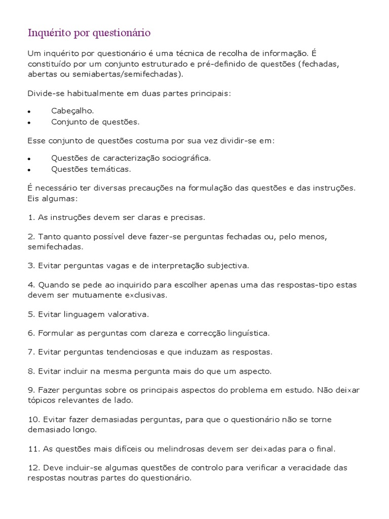 Inquérito Por Questionário | Download grátis PDF | Escala de Likert ...
