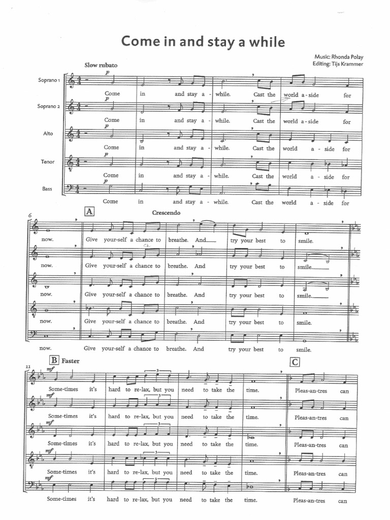 Come in and Stay A While - SSATB Arr. Tijs Krammer | PDF