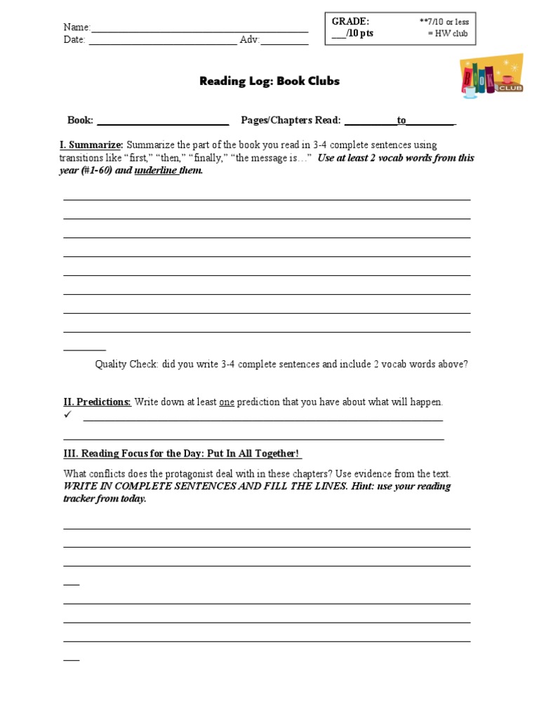 Reading Log For Literature Circles | PDF