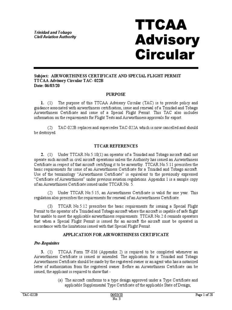 TAC-022B Airworthiness Certification and Special Flight Permit | PDF ...