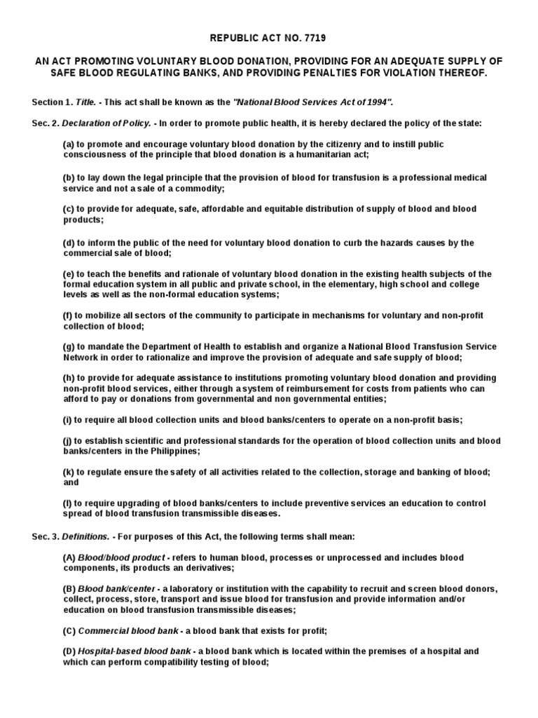 Full Text of RA 7719 | PDF | Blood Donation | Blood Transfusion