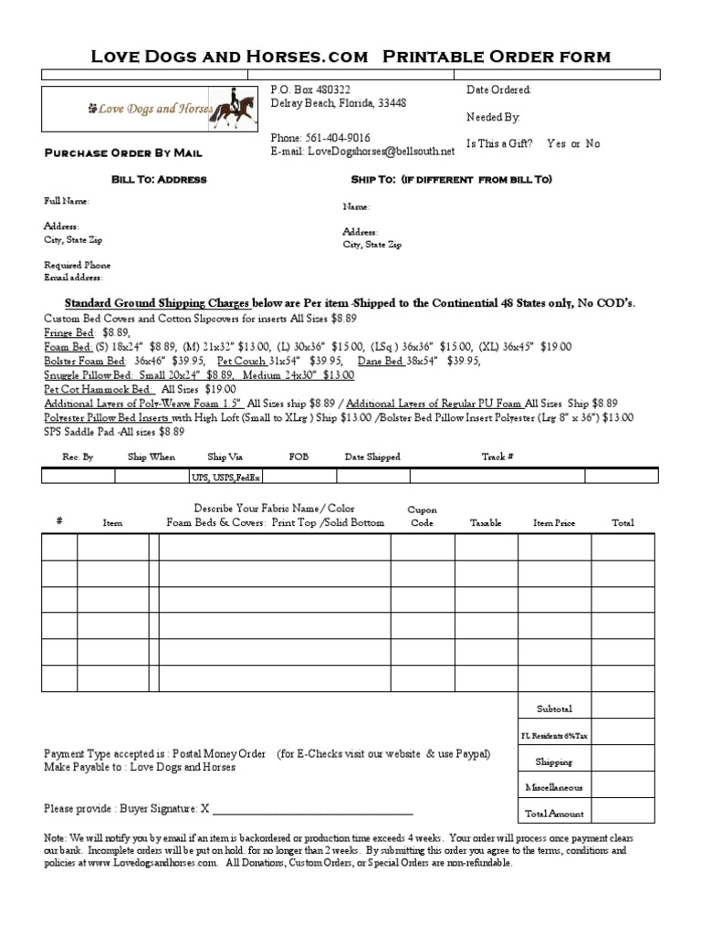 Printable Order Form for Pet Products | PDF