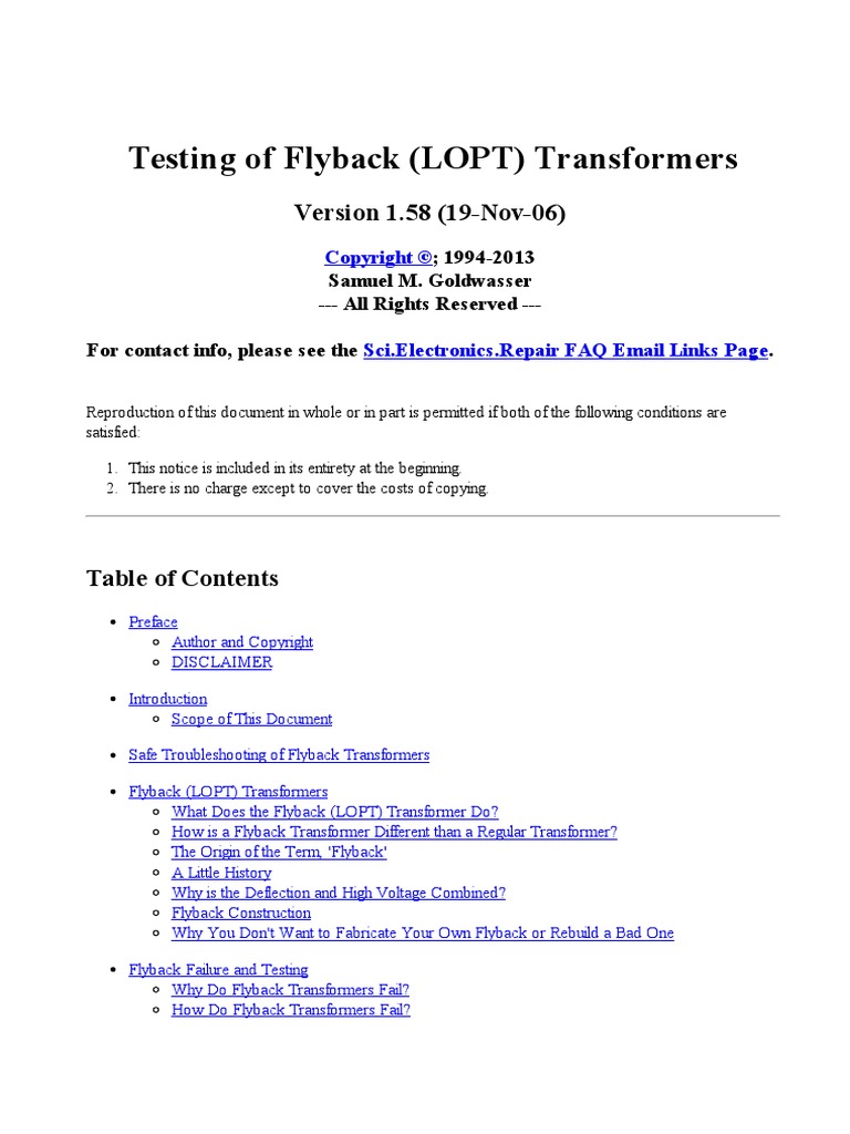 Testing of Flyback (LOPT) Transformers | PDF | Transformer | Inductor