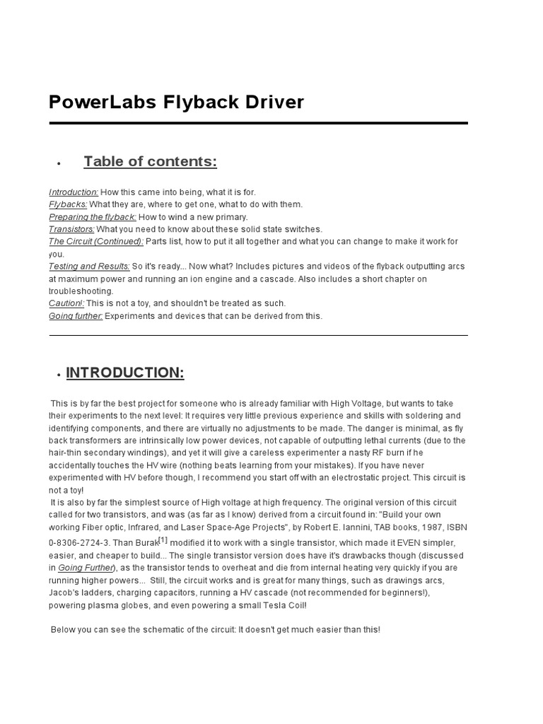 POWERLABS' High Voltage Solid State Flyback Driver | PDF | Transformer ...