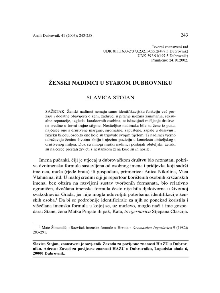 Slavica Stojan - Ženski Nadimci U Starom Dubrovniku | PDF