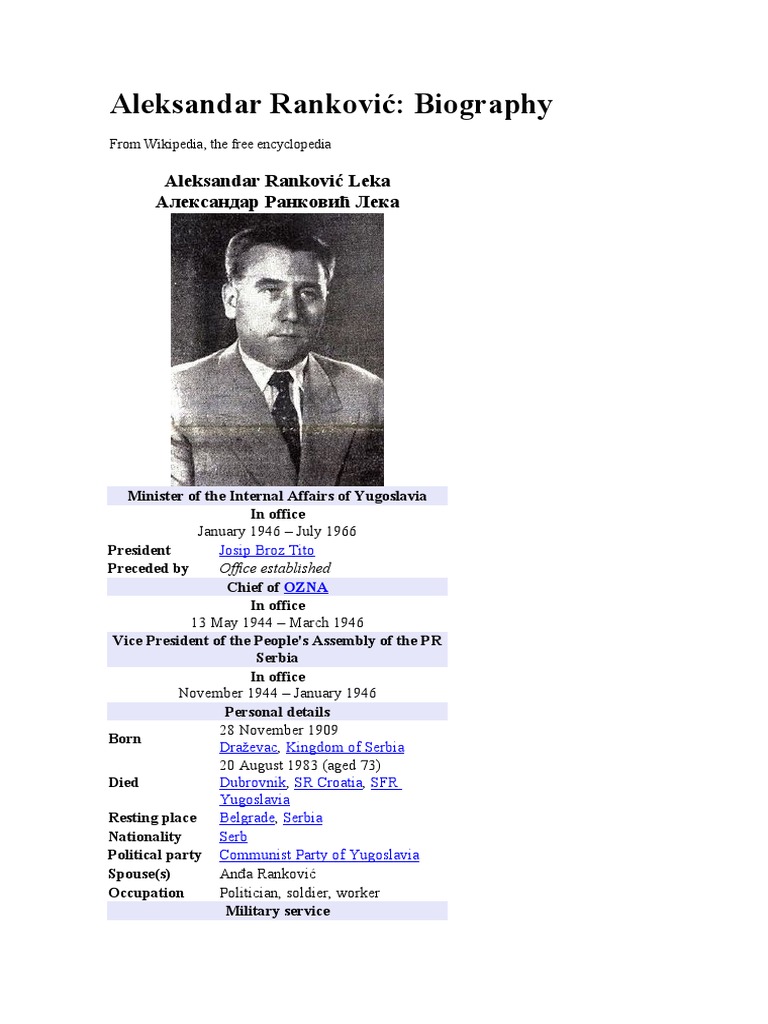Aleksandar Rankovic | PDF | Politics Of Serbia | Serbia
