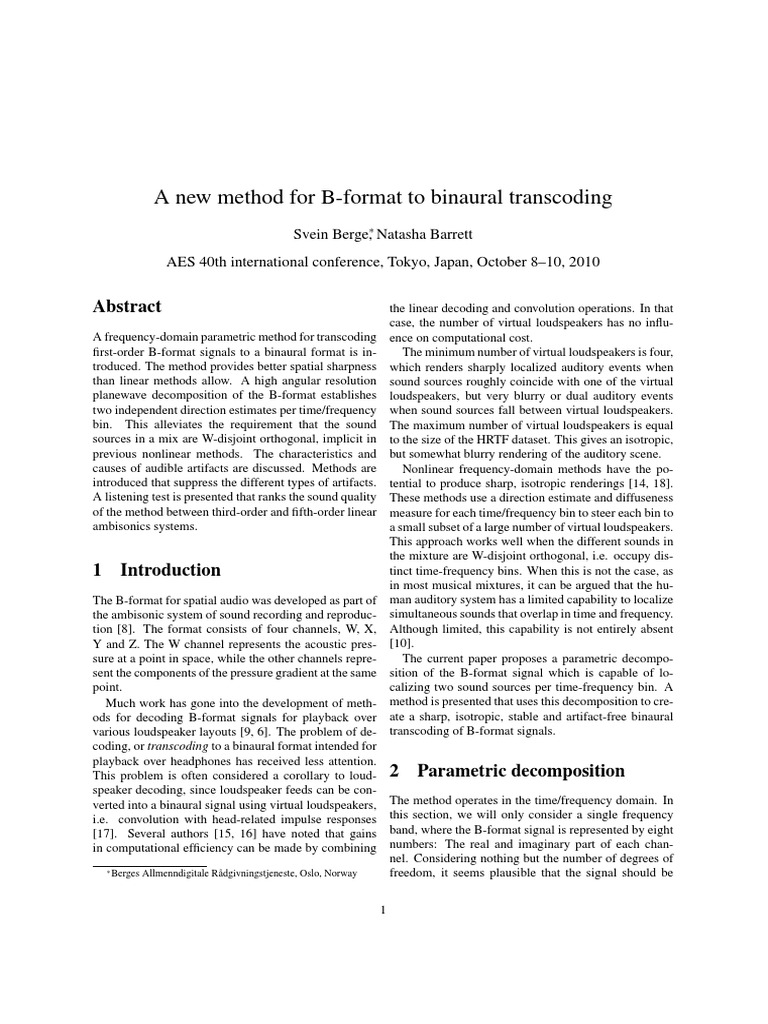 A New Method For B-Format To Binaural Transcoding | PDF | Matrix ...