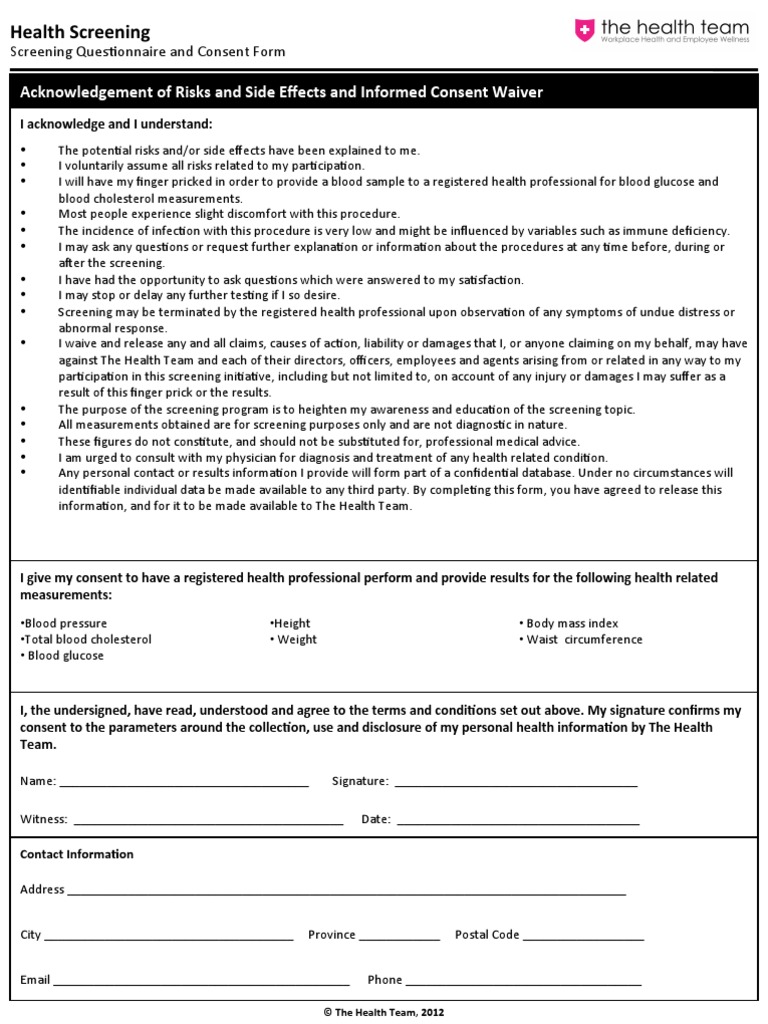 Basic Health Assessment - Screening and Consent Form | Blood Pressure ...
