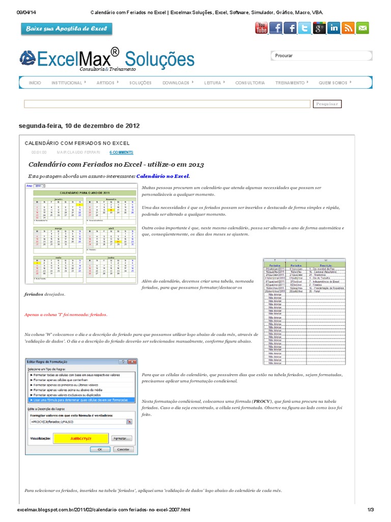 Calendário Com Feriados No Excel Excelmax Soluções Excel Software Simulador Gráfico Macro 