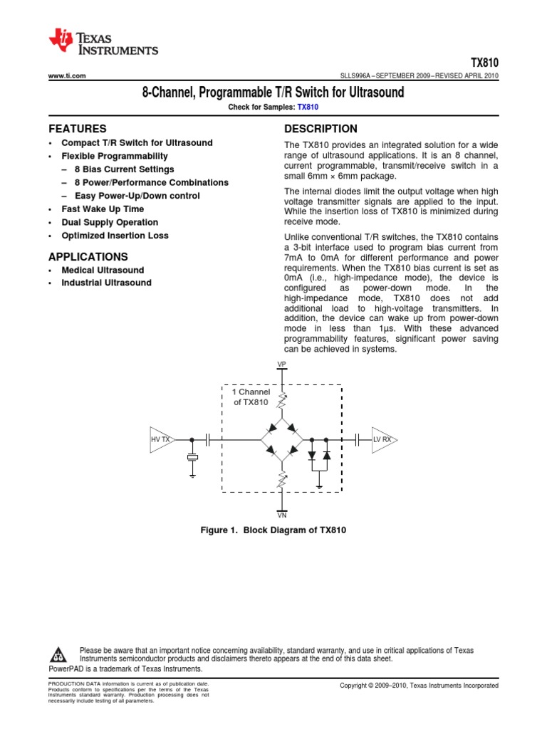 8-Channel, Programmable T/R Switch For Ultrasound: Features Description ...