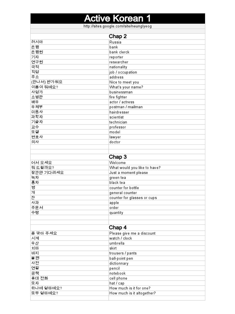 Active Korean 1 Key Words | PDF