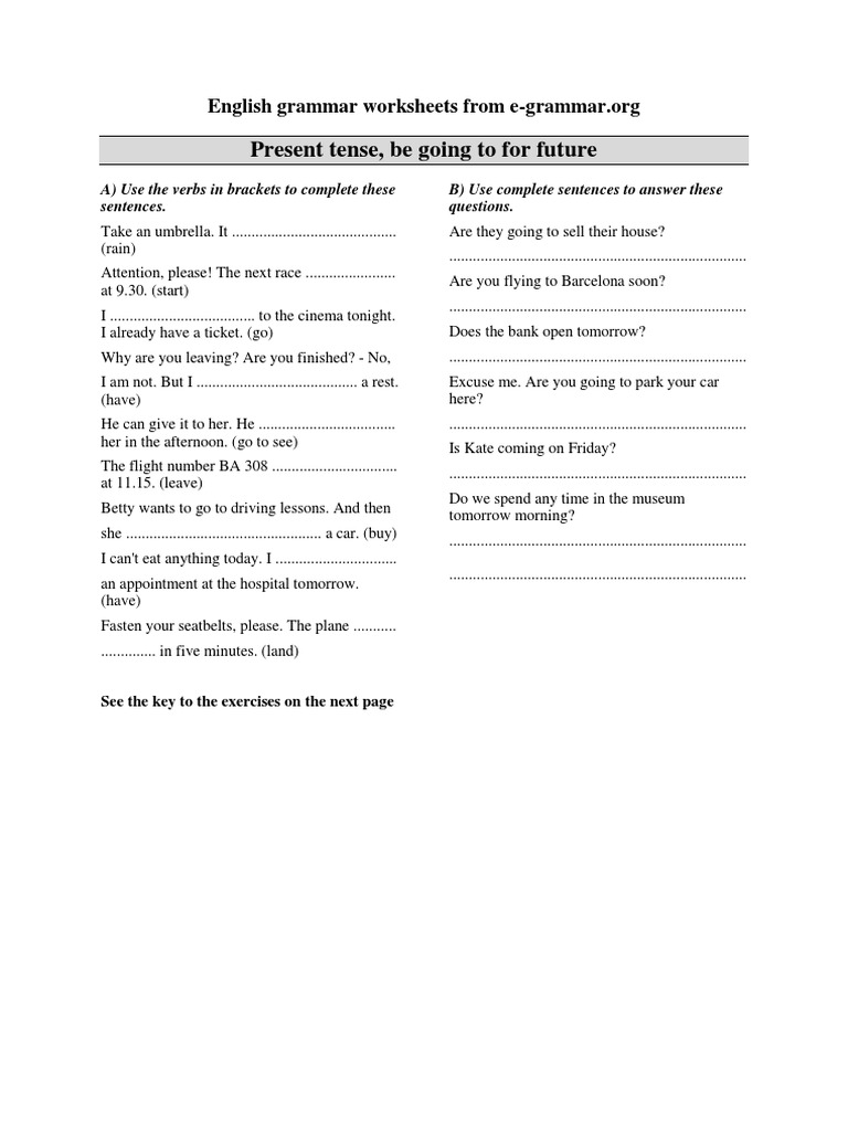 Www.e Grammar - Org Download Present Tenses Going To Future Worksheet | PDF