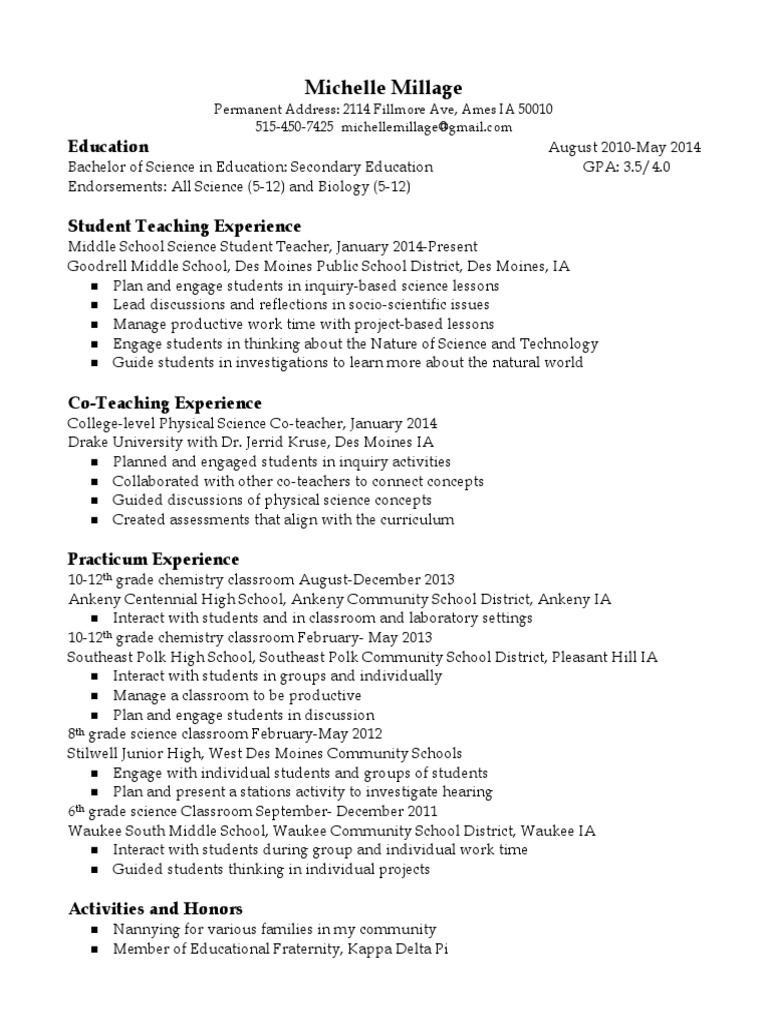 Michelle Millage: Science Educator CV | PDF