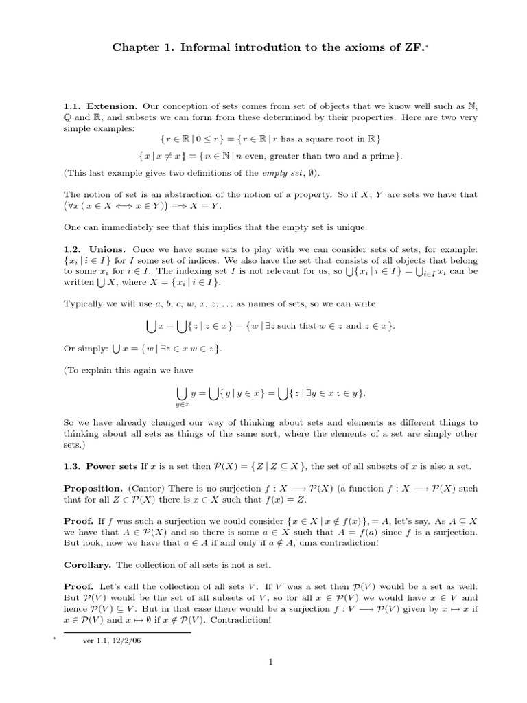 Chapter 1. Informal Introdution To The Axioms of ZF | PDF | Empty Set | Theorem