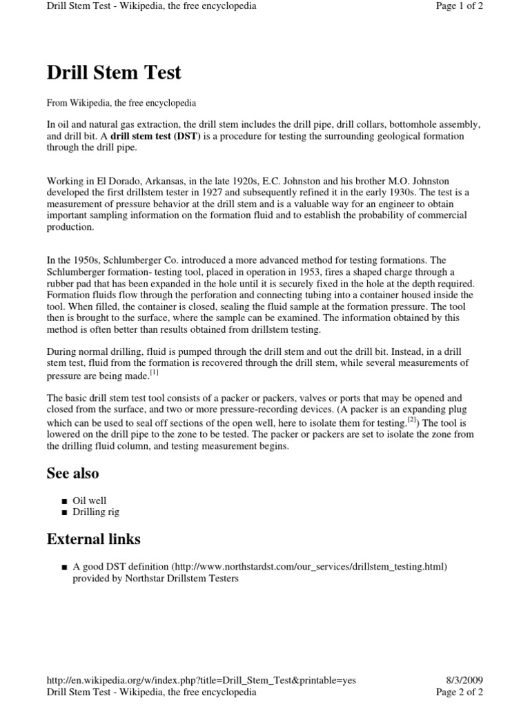 Introduction of Drill Stem Test in Oil & Gas Indutry - Wikipedia | PDF ...